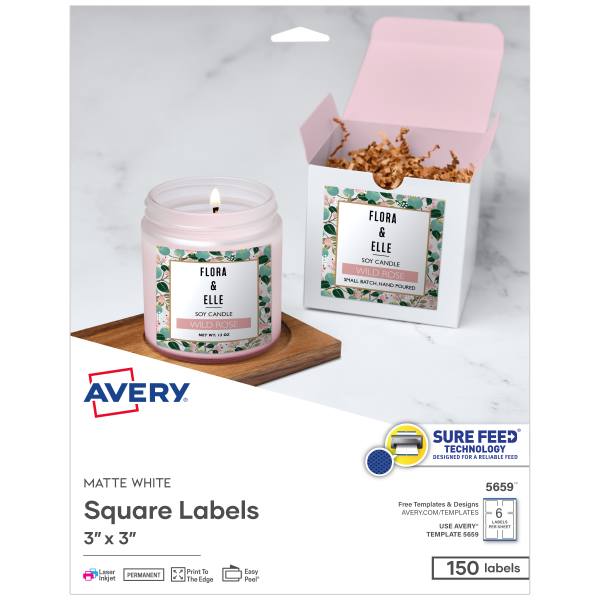 Avery® Square Labels with Sure Feed®, 3" x 3", Matte White, Permanent ...