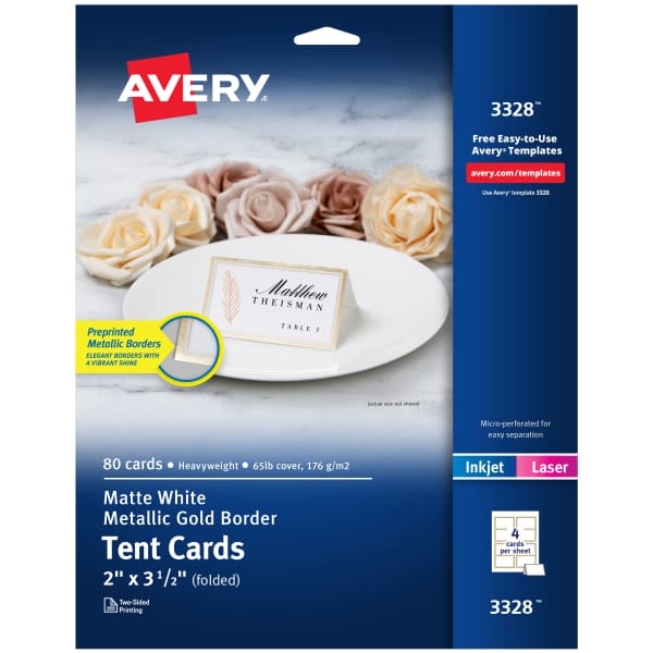 Tent Cards with Metallic Gold Border, 2" x 3-1/2" 3328 | Avery