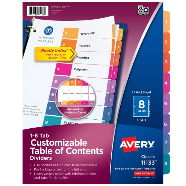 Avery® Ready Index® 8 Tab Binder Dividers, Multicolor Tabs, 1 Set (11133) | Avery.com