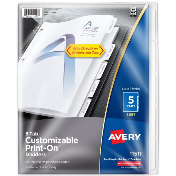 Avery Print-On™ Dividers, 5-Tab Set (11511) | Avery.com