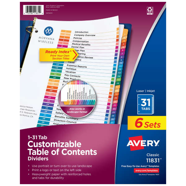 Avery® Ready Index® 31 Tab Binder Dividers, Classic Multicolor Tabs, 6 ...
