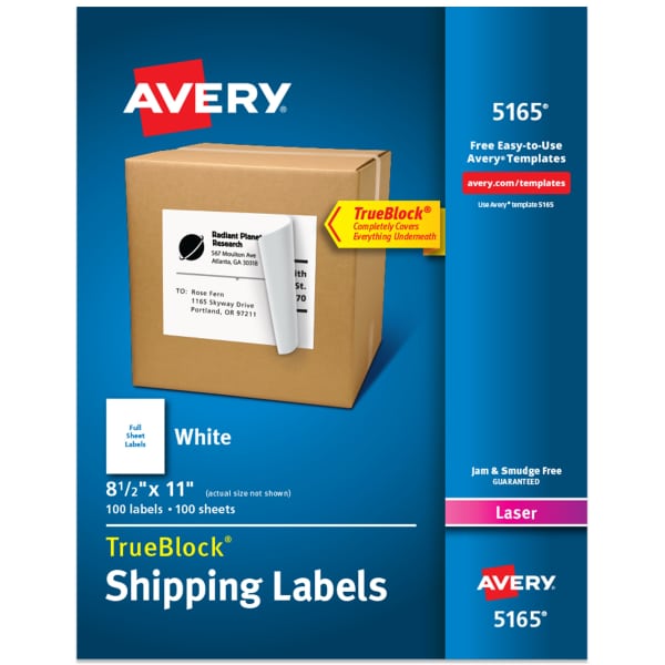 Full-Sheet Shipping Labels, 8-1/2" x 11", White 5165 | Avery