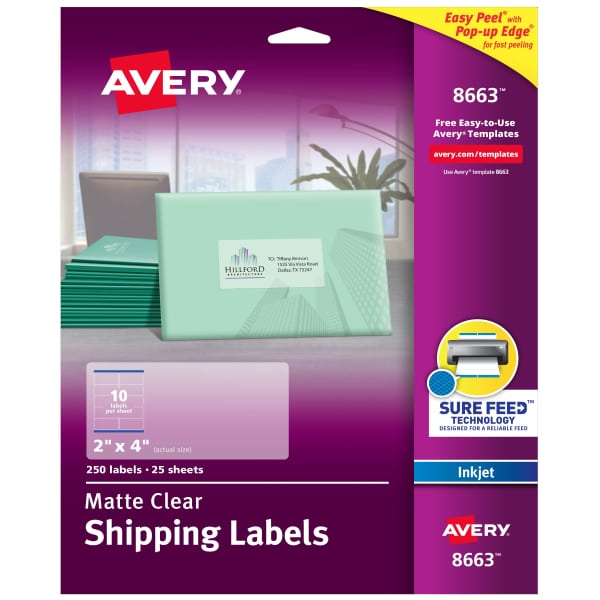 Avery® Shipping Labels with Sure Feed®, 2" x 4", Matte Clear, 250 Blank ...