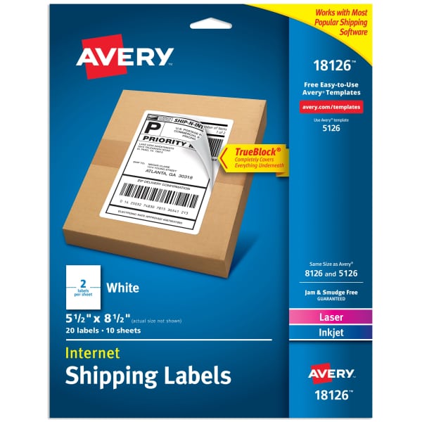 Avery® Half-Sheet Shipping Labels, 5-1/2" x 8-1/2", White, 20 Blank ...