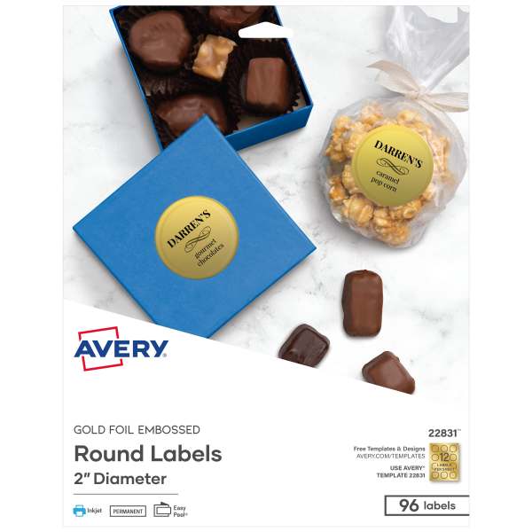 Avery® Gold Embossed Foil Round Labels, 2" Diameter, 96 Labels ...