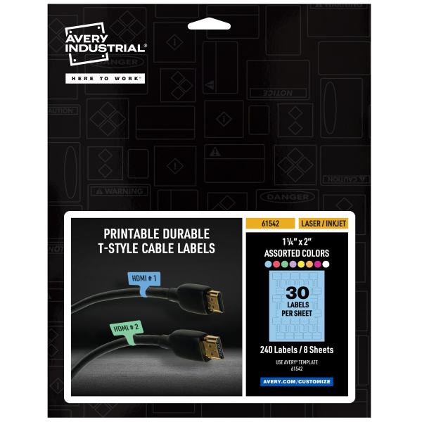 Avery® Cable Labels, T-Style Self-Adhesive Cord Labels, 1.25" x 2", 8 ...