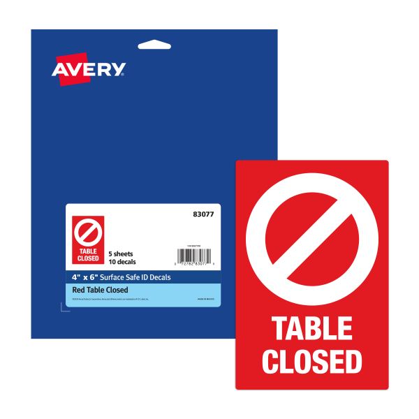 Table Closed COVID-19 Preprinted Decals 83077 | Avery.com