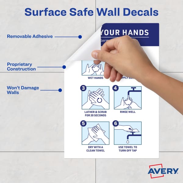 Avery® "Wash Your Hands" Preprinted Surface Safe® Wall Decals, 7" x 10 ...