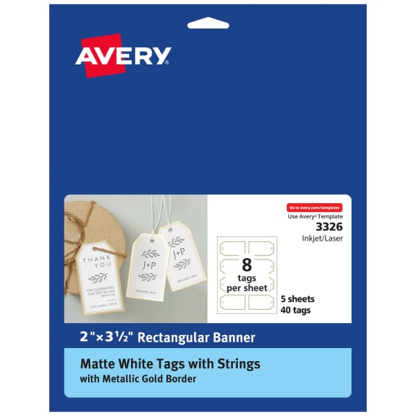Avery® Tags with Metallic Gold Borders and Strings, 2" x 3-1/2", 40 ...