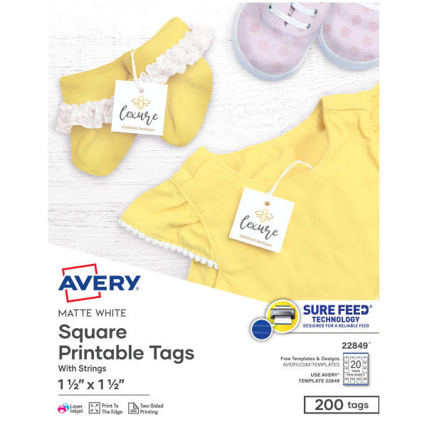 Avery(R) Square Tags with Sure Feed(R), 1-1/2" x 1-1/2", White, 200 ...