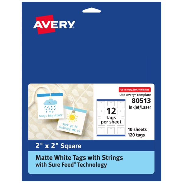 Avery® Square Tags with Sure Feed® Technology, 2" x 2", Matte White ...