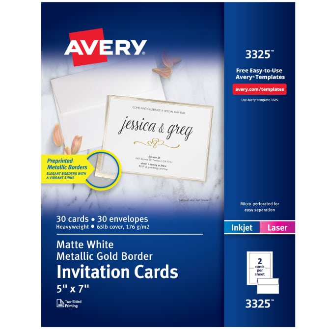 Avery® Invitation Cards with Metallic Gold Borders, 5" x 7" Printable ...