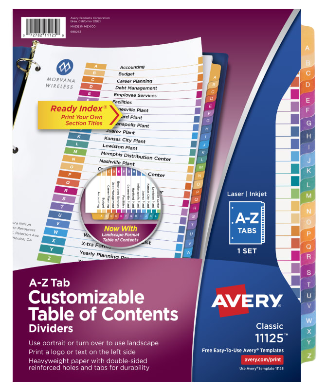 Avery Customizable Table of Contents Dividers A-Z, Multicolor (11125 ...