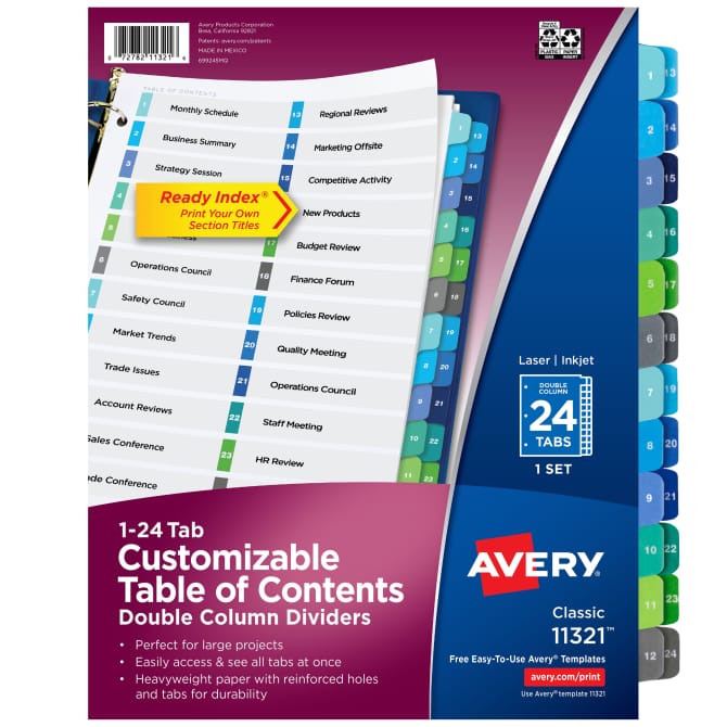 Avery® Ready Index® 24 Tab Double Column Binder Dividers, Multicolor ...