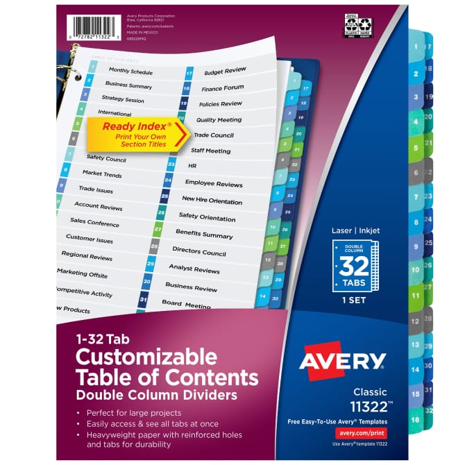 Avery® Ready Index® 32 Tab Double Column Binder Dividers, Multicolor ...