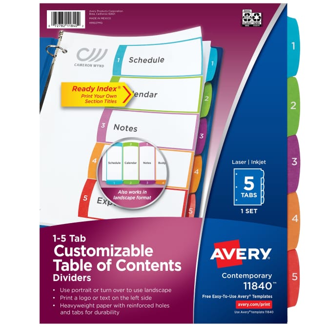 Avery® Ready Index® 5 Tab Binder Dividers, Contemporary Multicolor Tabs ...