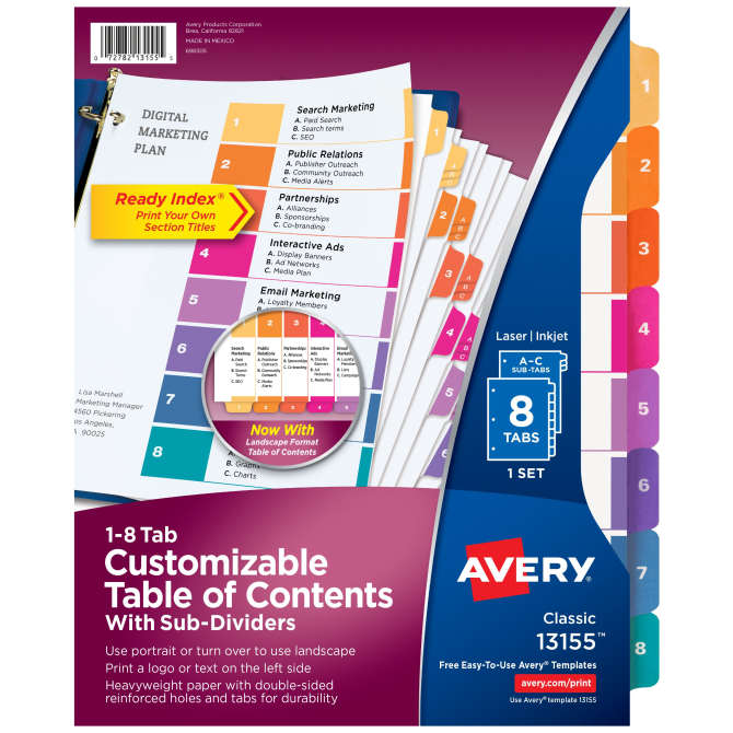 Avery® Ready Index® Subdividing 8 Tab Binder Dividers, Multicolor Tabs ...