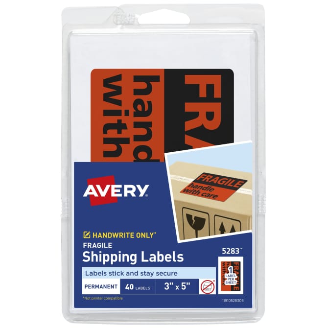 Avery® Fragile Labels, 3" x 5", Non-Printable, 40 Shipping Labels Total ...