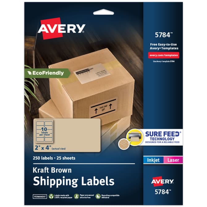 Avery® Kraft Brown Rectangle Labels with Sure Feed® Technology, 2" x 4 ...