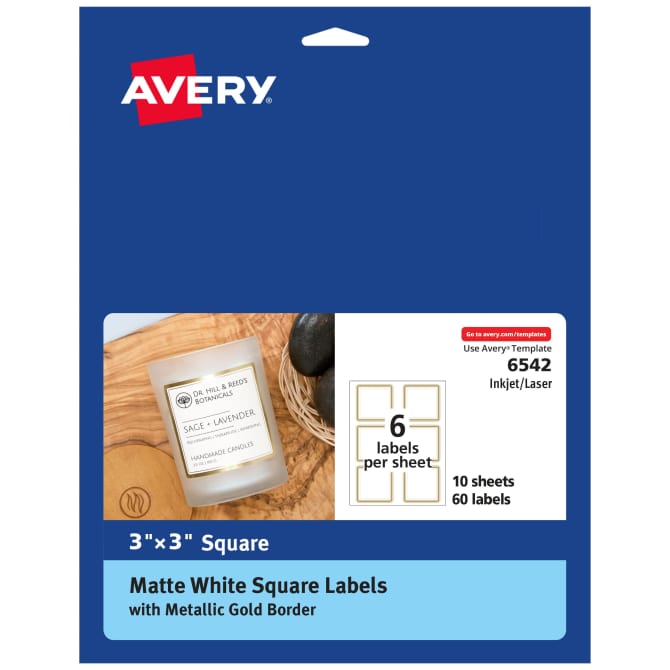 Avery® Matte White Labels with Metallic Gold Borders, 3" x 3" Square ...