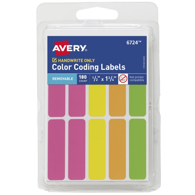 Avery® Color-Coding Removable Labels, 1/2" x 1-3/4", Assorted Neon ...