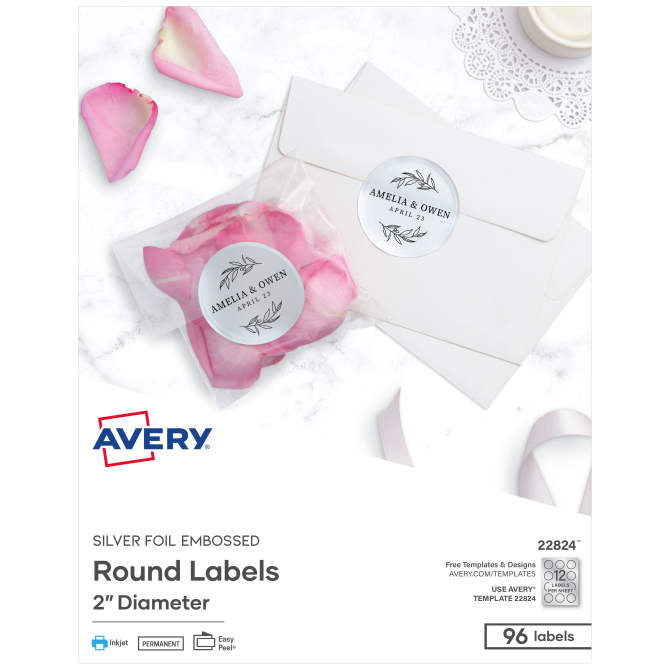Avery® Silver Embossed Foil Round Labels, 2" Diameter, 96 Labels ...