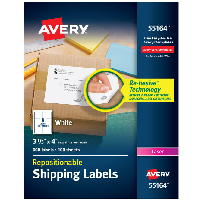 Avery Repositionable Shipping Labels 3-1/3" x 4", 600 Labels (55164 ...