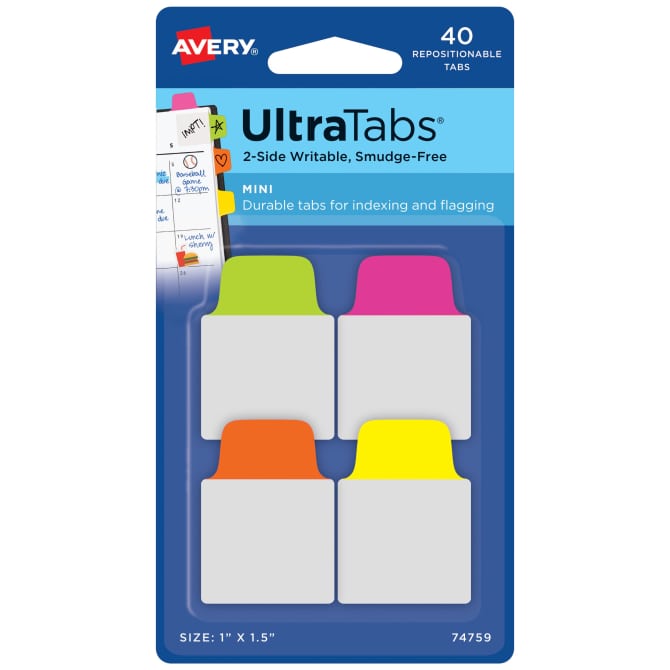 Avery® Ultra Tabs®, Assorted Neon Colors, 1" x 1.5", 40 Repositionable ...