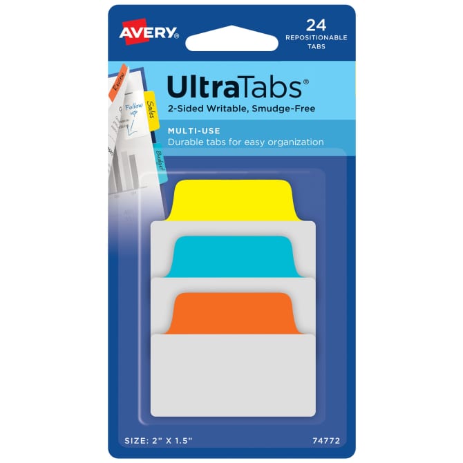 Avery® Ultra Tabs®, Blue/Orange/Yellow, 2" x 1.5", 24 Repositionable ...