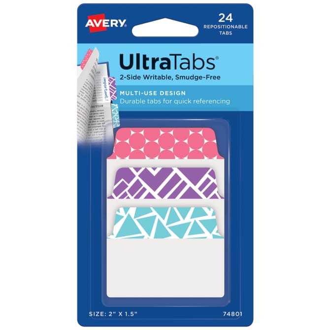 Avery® Ultra Tabs®, Assorted Pastel Designs, 2" x 1.5", 24 ...