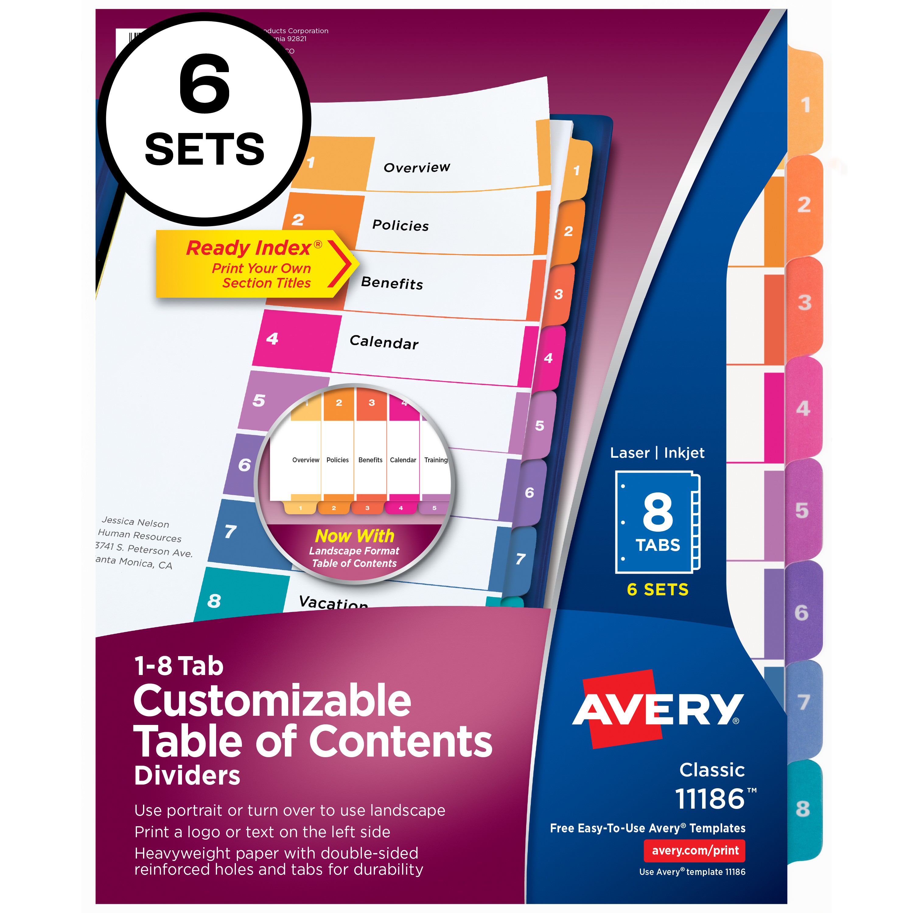 Avery® Ready Index® 8 Tab Binder Dividers, Multicolor Tabs, 6 Sets (11186) | Avery.com