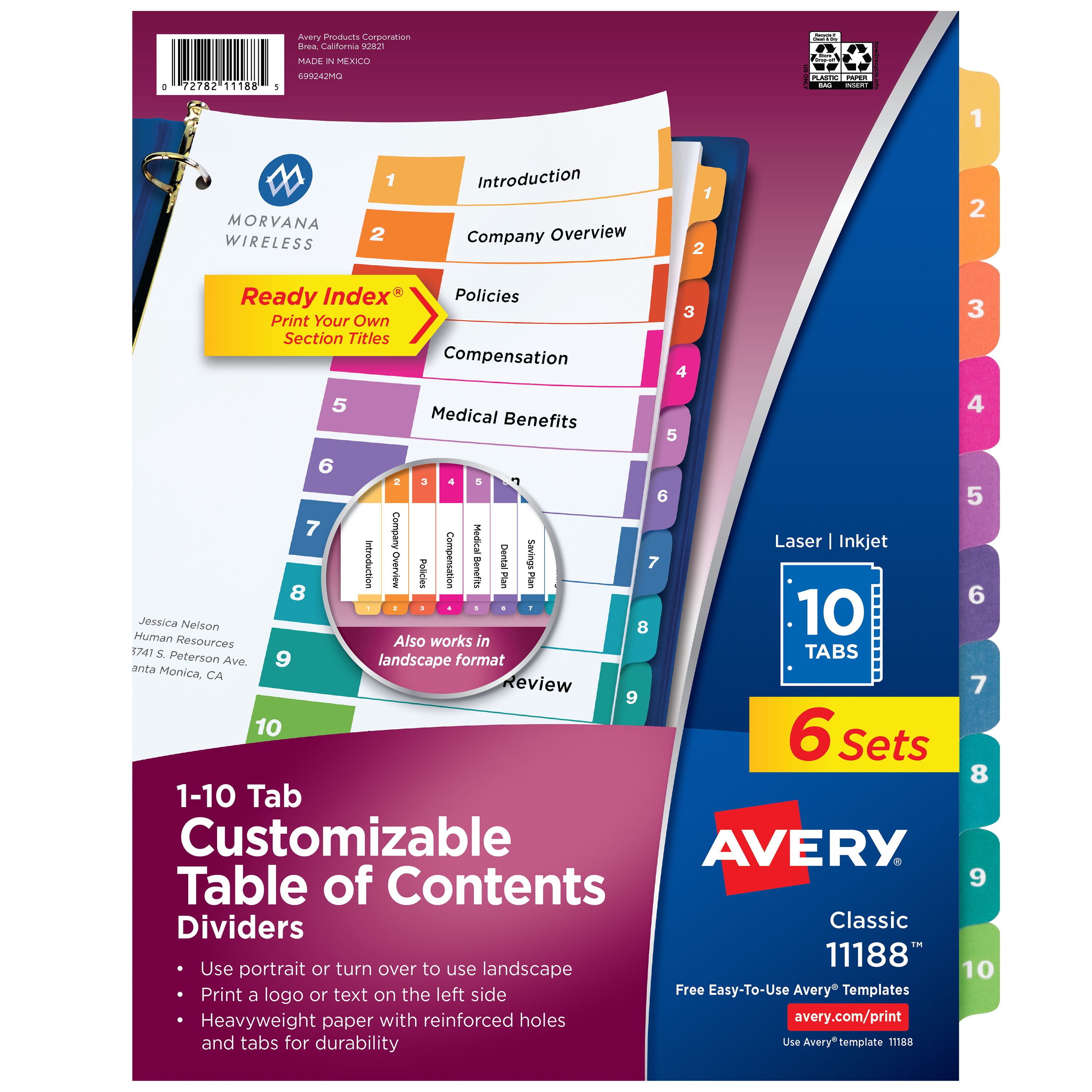 Avery® Ready Index® 10 Tab Binder Dividers, Multicolor Tabs, 6 Sets ...