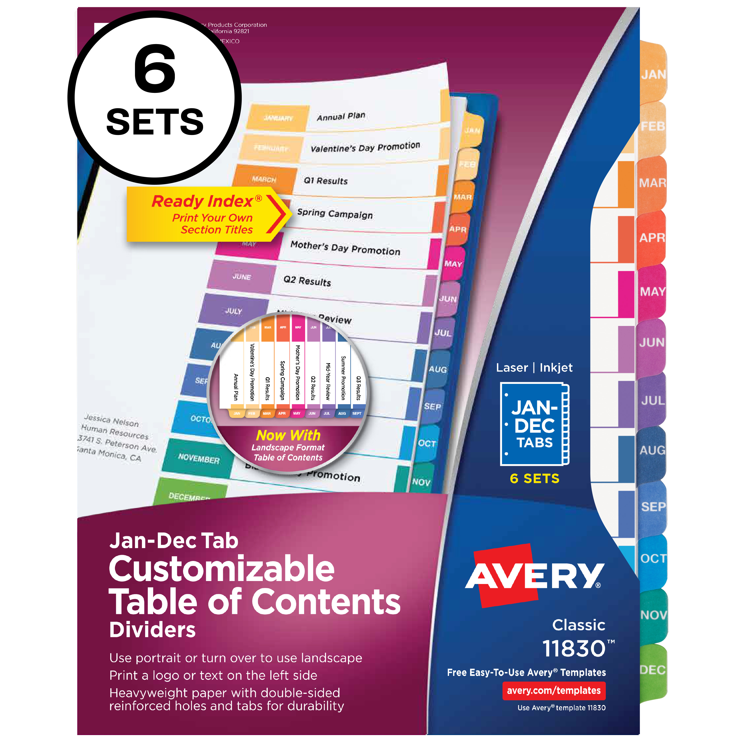Avery® Ready Index® Jan-Dec 12 Tab Binder Dividers, Multicolor Tabs, 6 ...