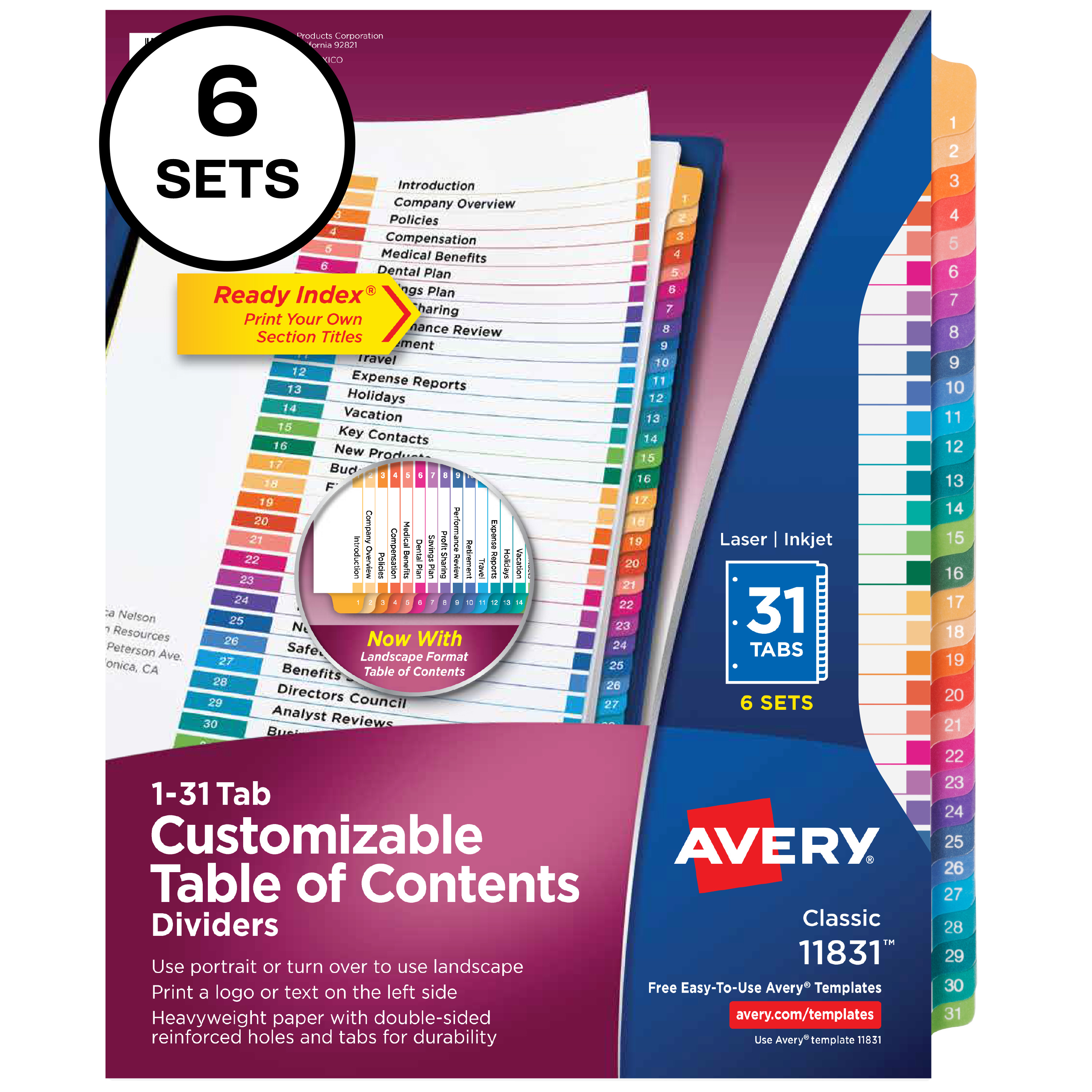 Avery® Ready Index® 31 Tab Binder Dividers, Classic Multicolor Tabs, 6 ... Avery® Ready Index® 31 Tab Binder Dividers, Classic Multicolor Tabs, 6 ...