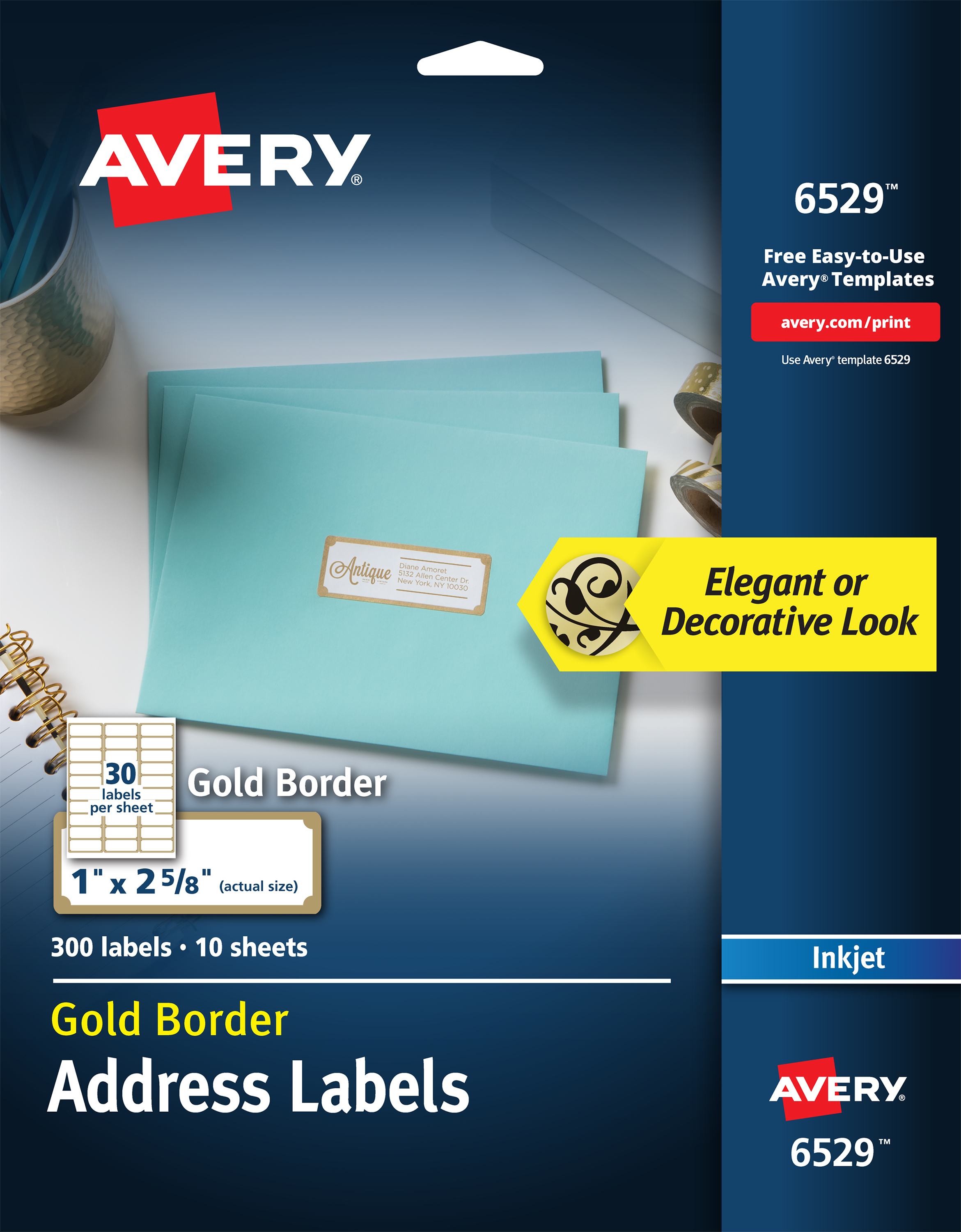 Avery Gold Bordered Labels Inkjet Printers, Pack of 300 (6529) | Avery.com