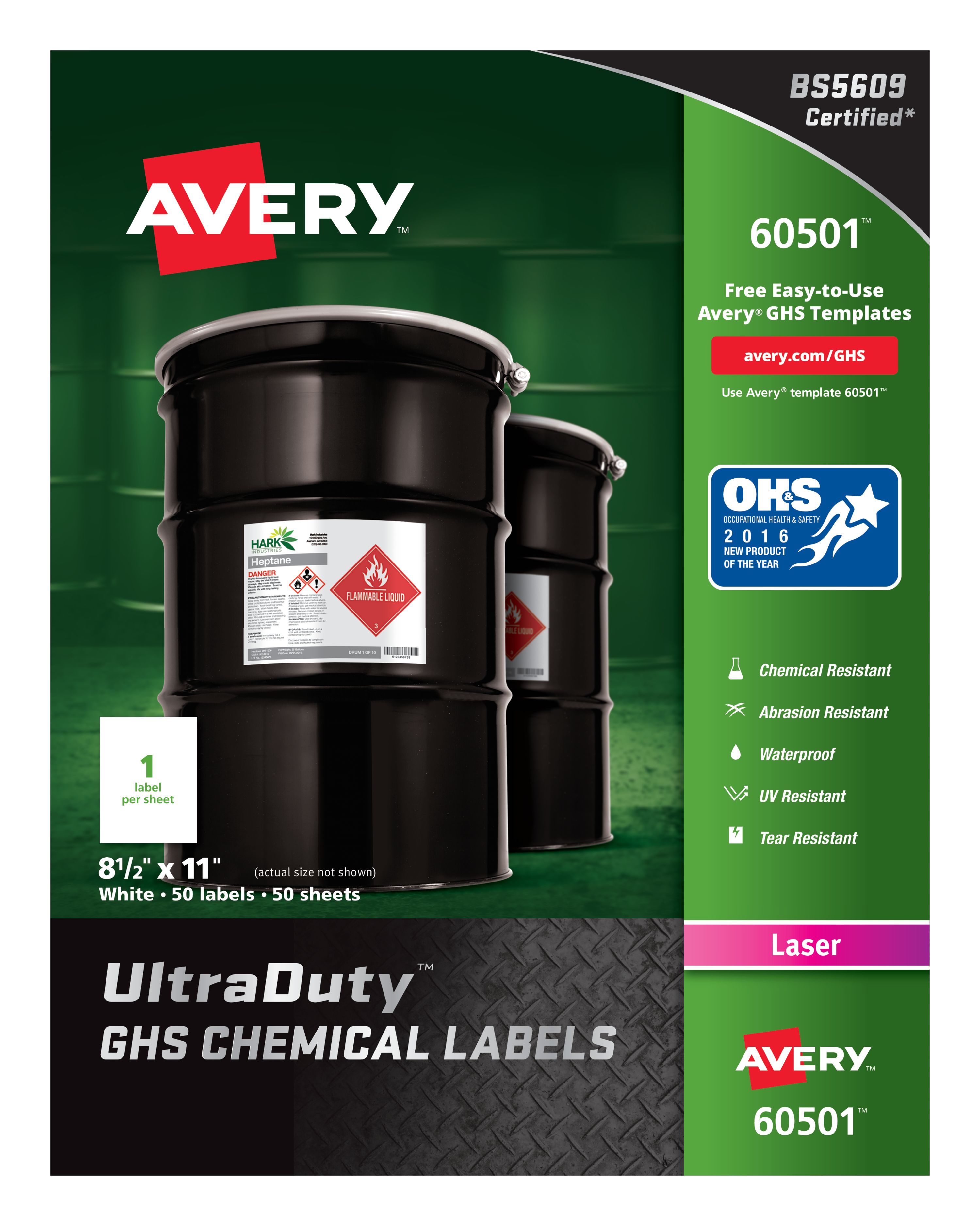 Avery UltraDuty GHS Chemical Labels for Laser Printers UV Resistant 50 ...