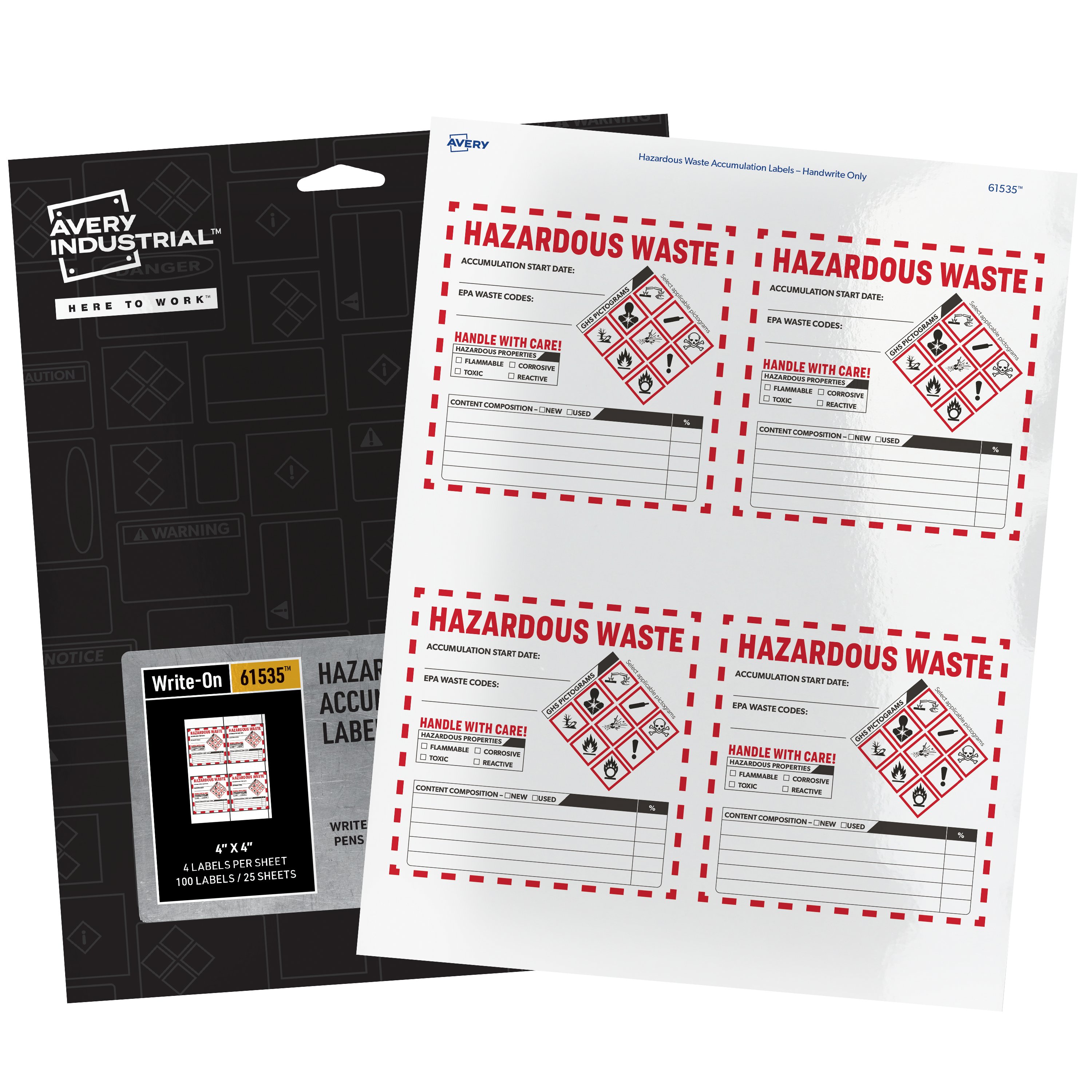 Avery Hazardous Waste Accumulation Labels, Handwrite Only, 4" x 4", 100 ...